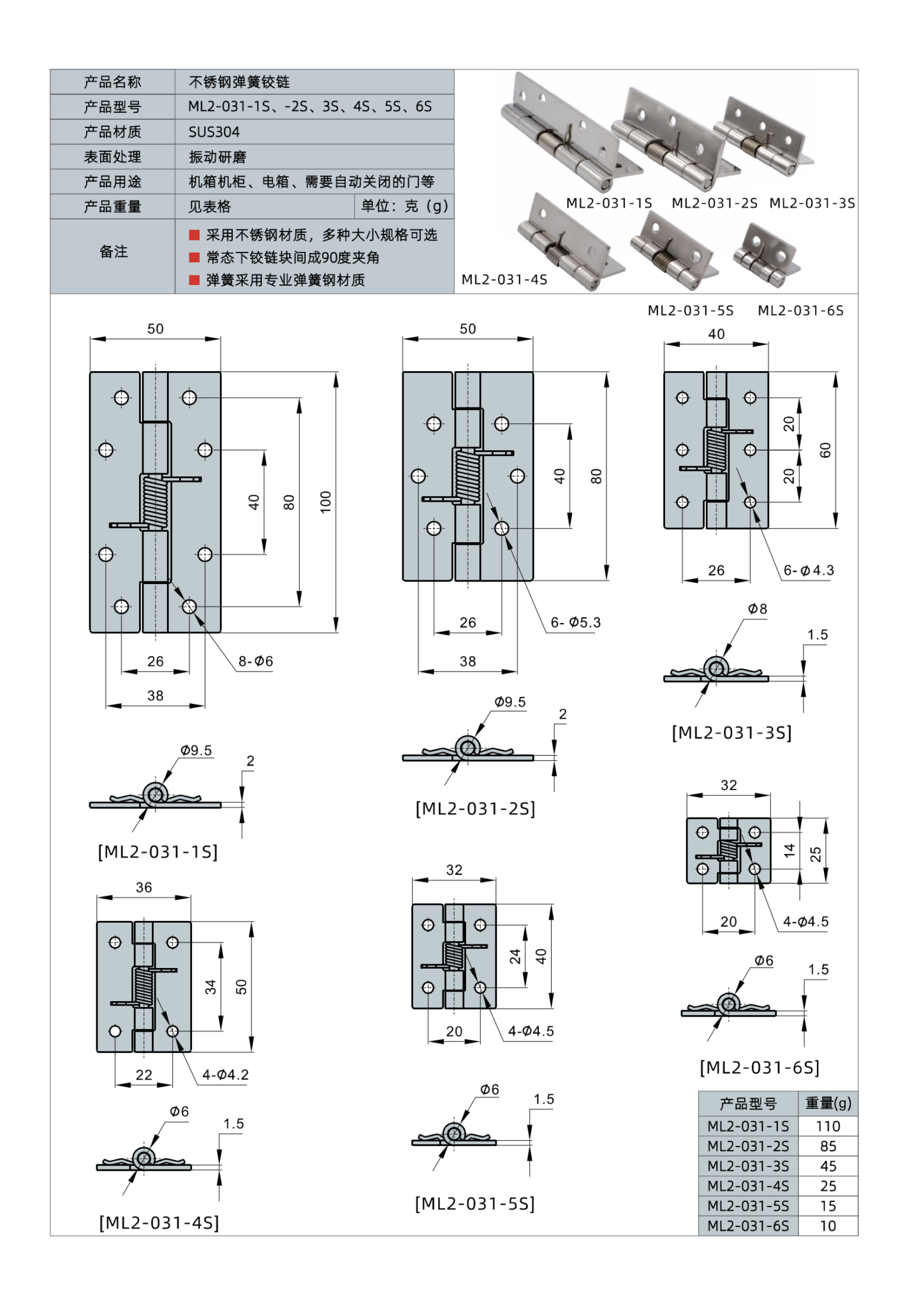 Multiple sizes of spring-loaded butt hinges ML2-031